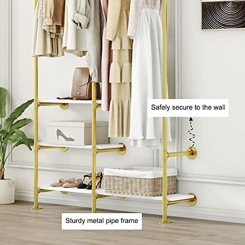 HEONITURE Gold Clothing Rack with 3-Tier Shelves, Multi-Purpose Heavy Duty Industrial Pipe Clothes Rack, Wall Mounted Garment Hanging Rods for Closet and Bedroom (Gold)