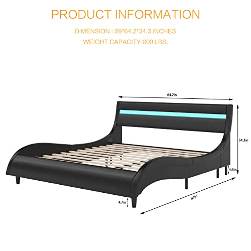 TTVIEW Queen Upholstered Smart LED Bed Frame with Headboard,Modern Faux Leather Wave-Like Platform Bed Frame, Low Profile Bed Frame with Solid Wood Slats Support, Black