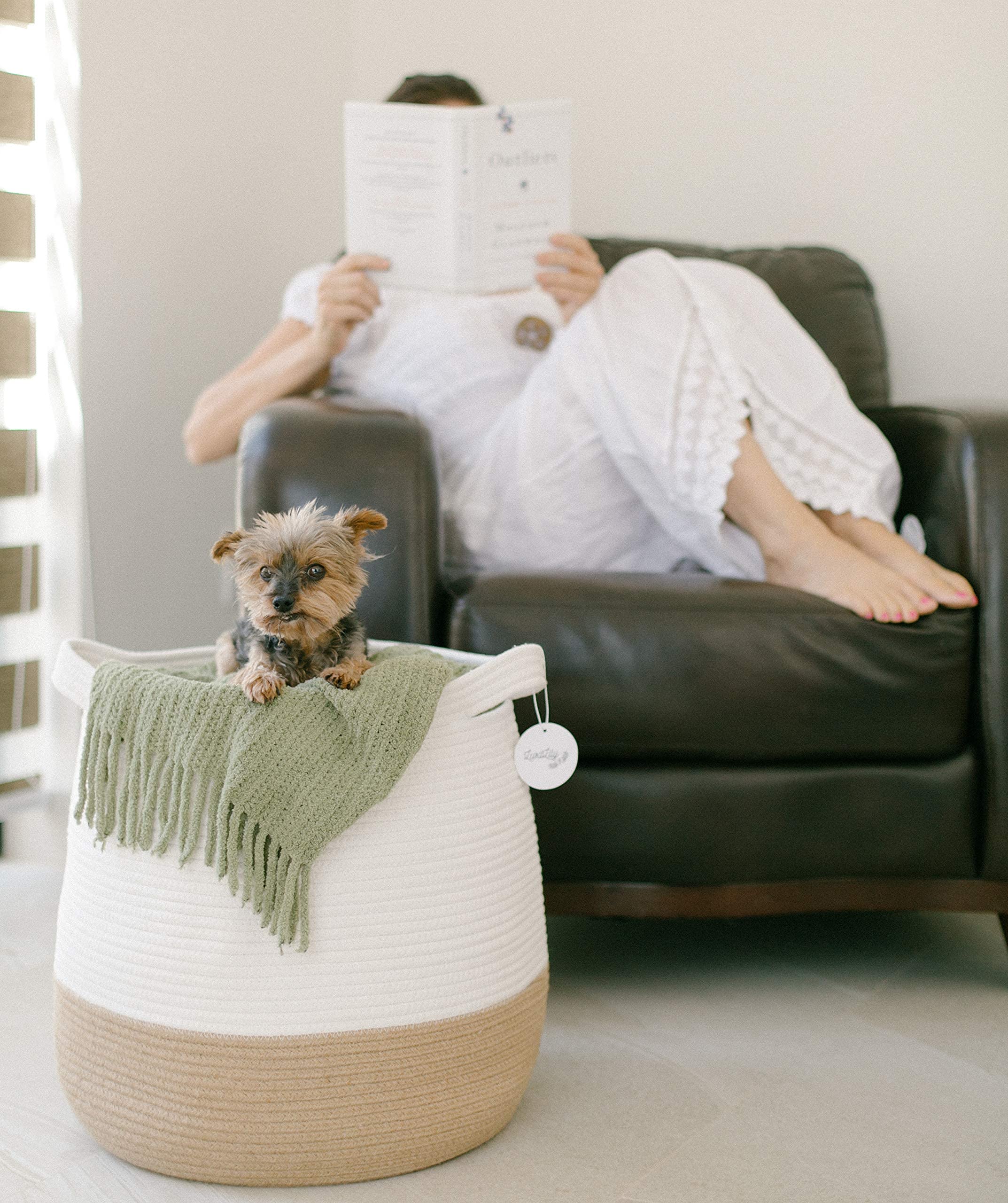 Large Blanket Basket for Living Room - Decorative Woven Baskets for Storage, Cotton Rope Baskets for Storage 16βx18β, Round Basket, Tall Laundry Hamper Basket, LuxiLily Baskets