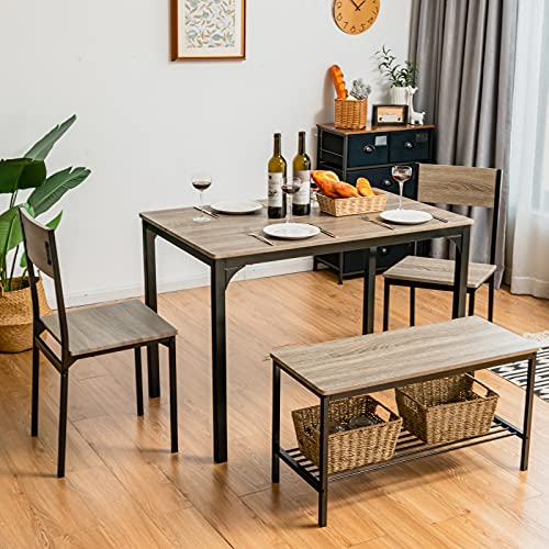 Giantex Dining Table Set for 4, Kitchen Table with Bench and Chairs, Industrial Gathering Bench Dining Set W/Metal Frame & Storage Rack, Dinette Set, Modern Functional Desk Set (Black Oak)