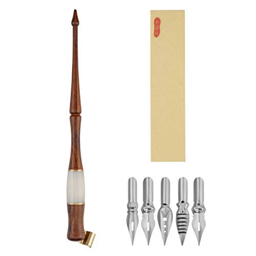 Yoption Wood Calligraphy Oblique Dip Pen Holder Set, Removable Nib Pen Handle Stand with 5 Flat Nibs Kit