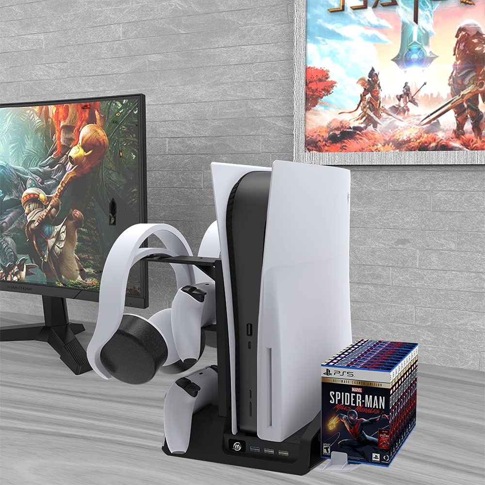 EJGAME Vertical Stand Dual Charging Station with Suction Cooling Fan Compatible with PS5 Console and PS5 Digital Edition, Built-in Headset Holder,Media Remote Stand and13 Game Rack Organizer