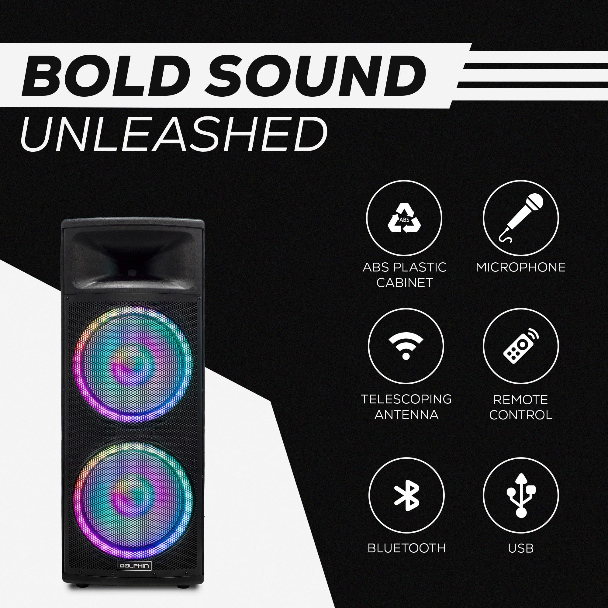 Dolphin SPX-280BT - Powerful DEEP BASS | Dual 15" Woofers, 6500W - Bluetooth Cabinet PA Speaker System with LED Light Show, Ground Shaker, Wireless Mic