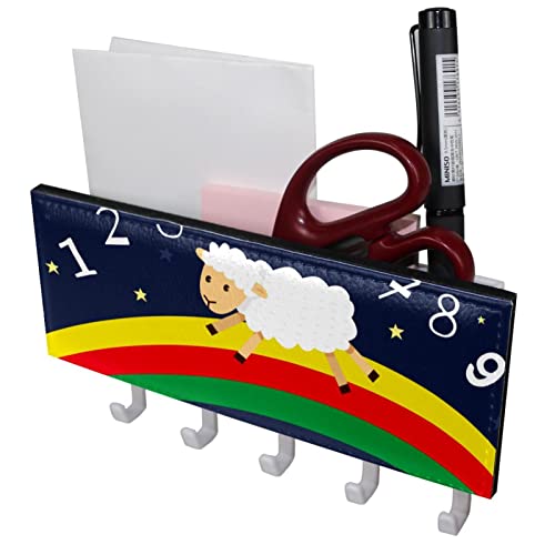 Bed Time Sheep Rainbow Night Mail Holder Organizer and Key Hooks PU Front, Self Adhesive Key Rack with 5 Hooks Perfect for Entryway, Hallway๏ผBathroom ๏ผKitchen
