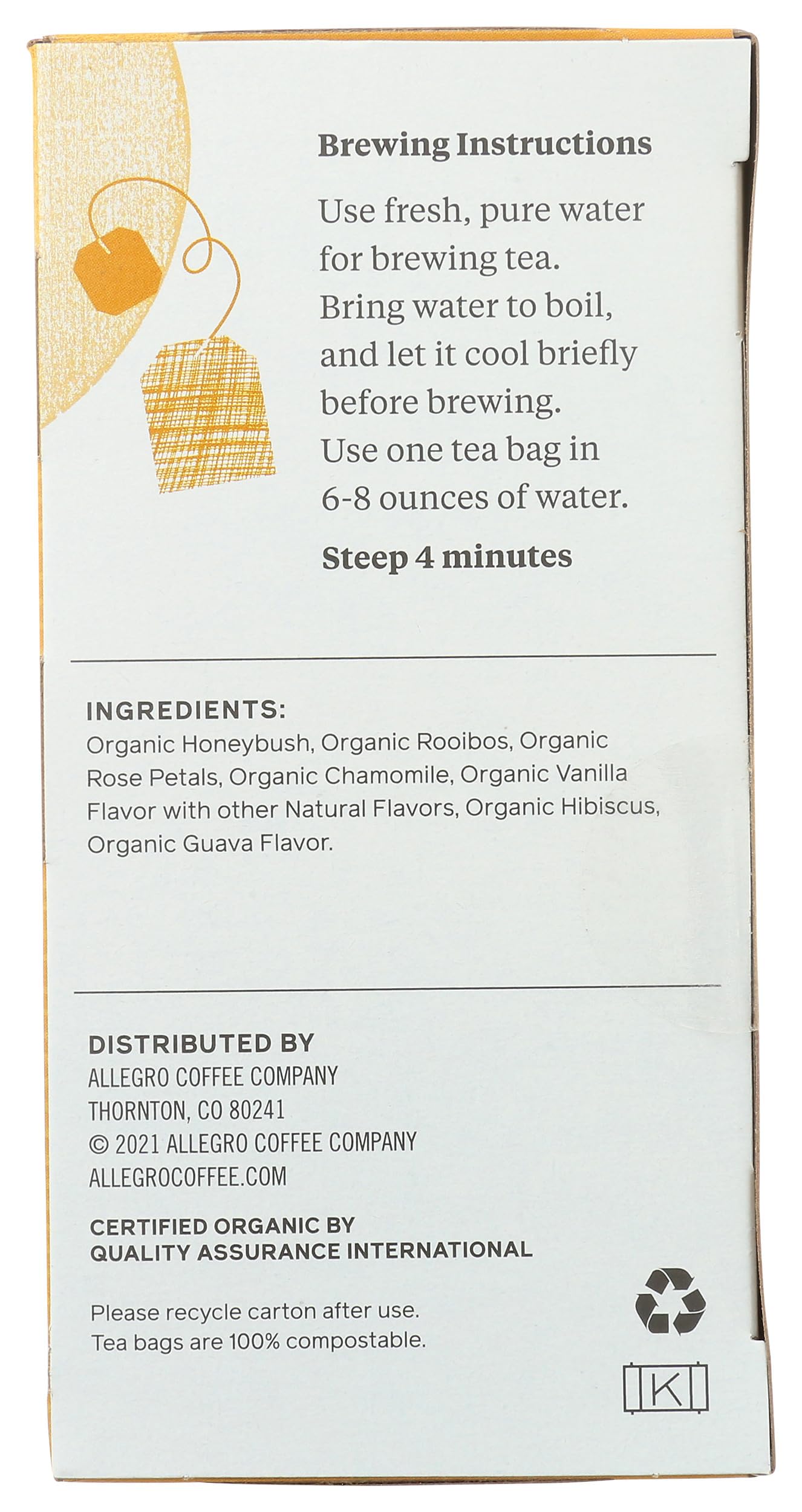 Allegro Tea, Organic Tropical Honeybush Tea Bags, 20 ct