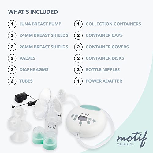 Motif Medical Luna Double Electric Breast Pump - Easy to Use, Quiet Motor, Built-in LED Night Light - Outlet Required