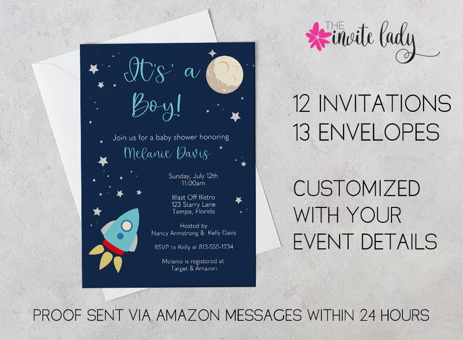 Rocket Baby Shower Invitations for Boy Space Customizable Invites (12 Count)