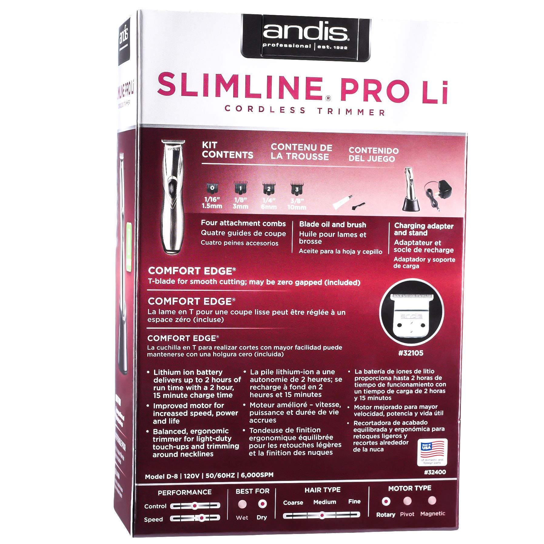 Andis Slimline Pro Li Cordless T-Blade Trimmer with a BeauWis Blade Brush