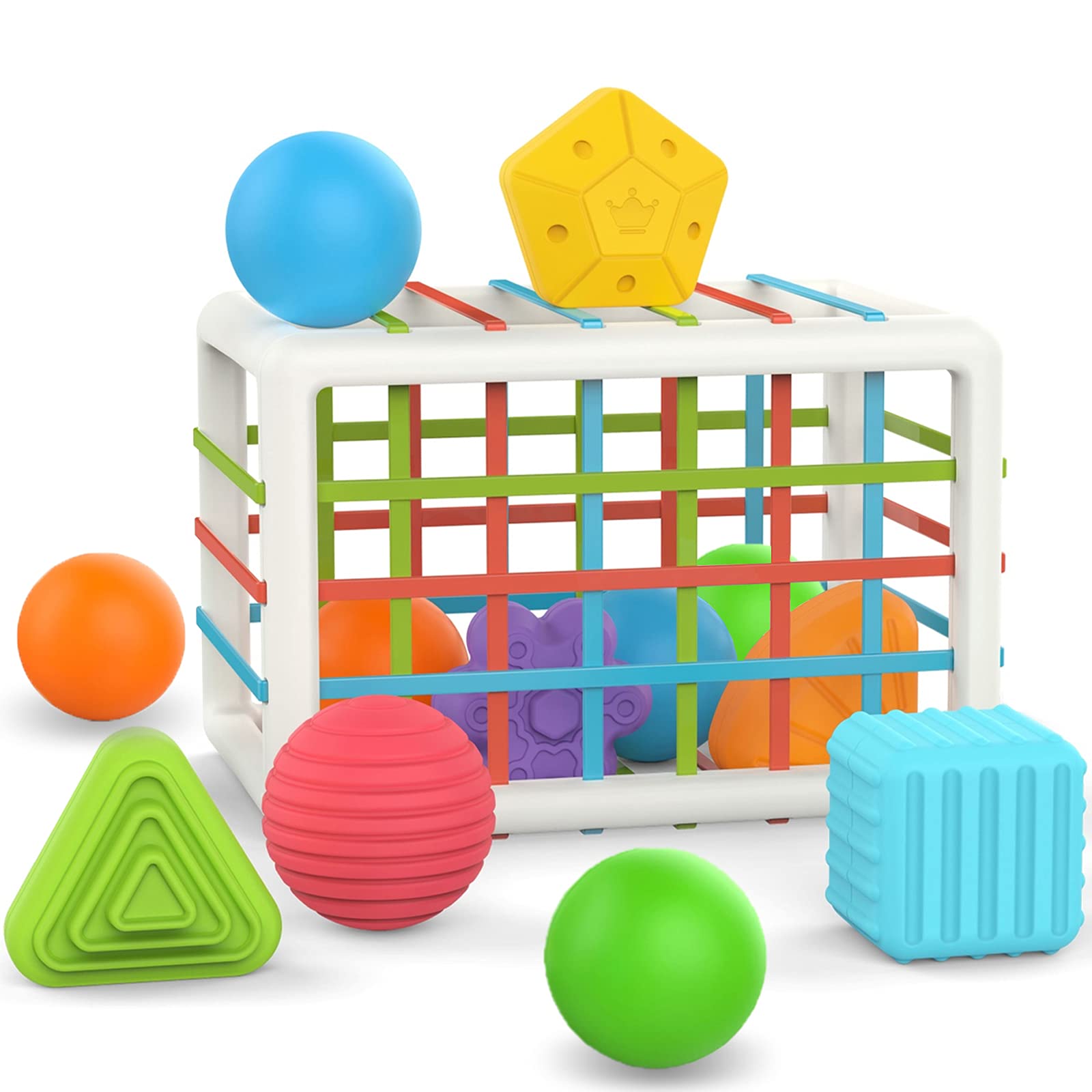 Giociiol Baby Shape Sorter Toy with 12 Pcs Sensory Blocks&Stacking Toys, Montessori 2 in 1 Baby Fat Brain Toys, Activity Cubes Sensory Sorting Bin Fine Motor Skills Toys for Toddlers 1 Year Old