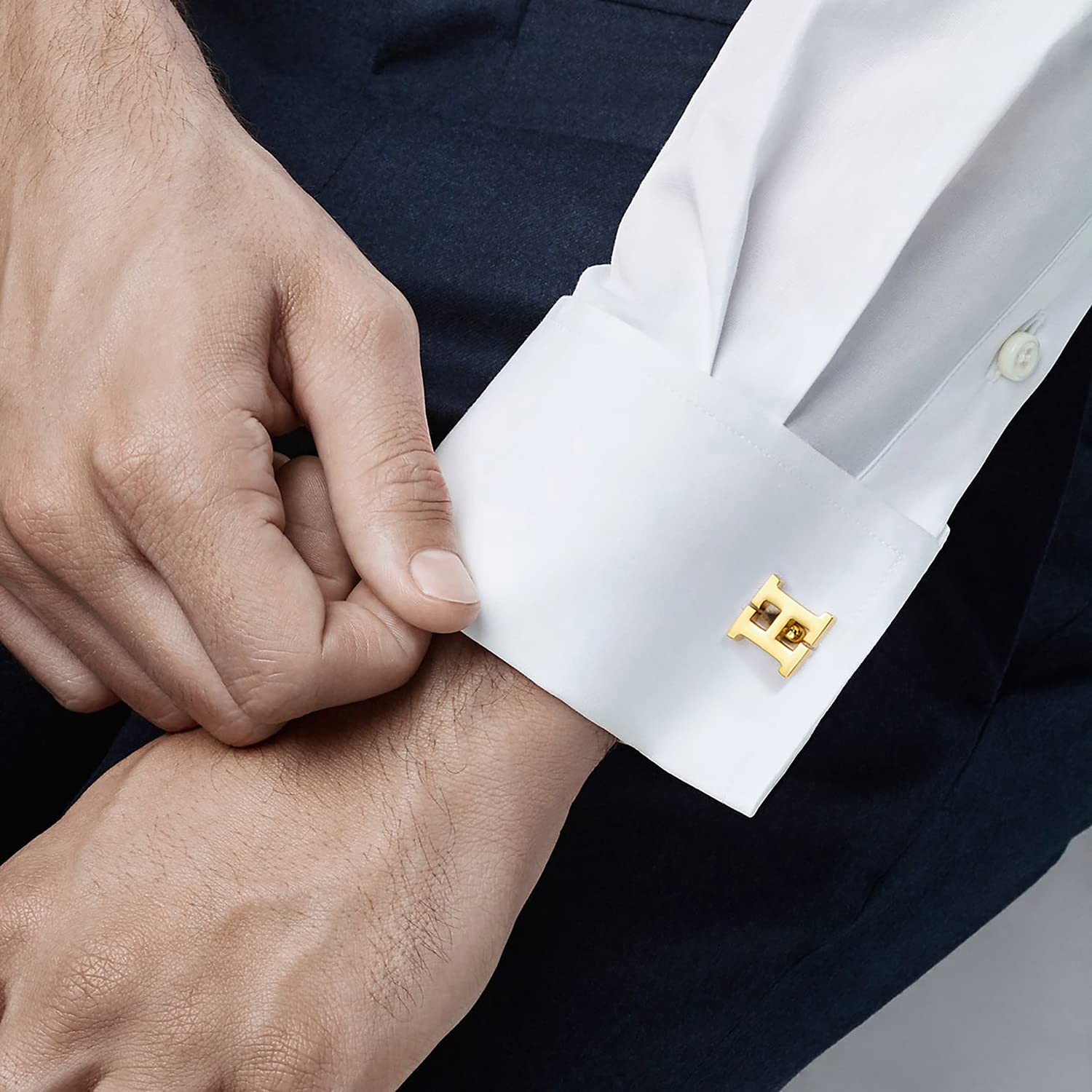 A-Z Cufflink for Men, Personalized Initial 26 Letter Cuff Links in Gold Color for Wedding Business Party - H