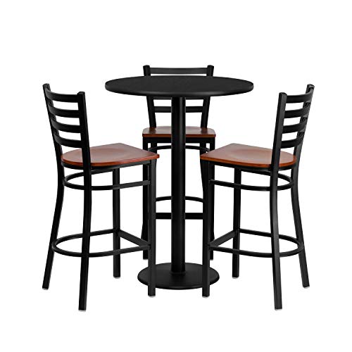 Flash Furniture Clark 30'' Round Black Laminate Table Set with 3 Ladder Back Metal Barstools - Cherry Wood Seat