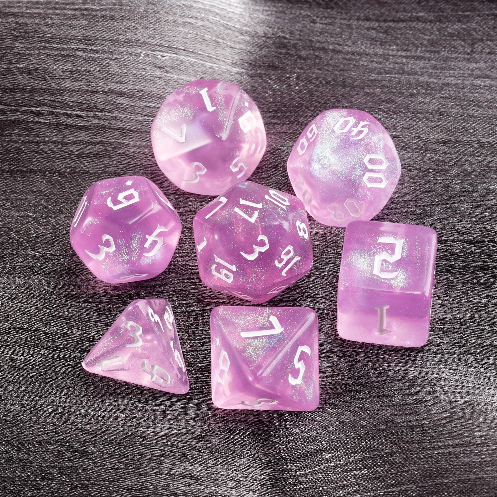 DND Dice Pink Transparent Dice with Color Changing Glitter for Dungeons and Dragons Role Playing Game,D&D,MTG,Pathfinder Dice Set with Dice Pouch(Sickle Handwriting)