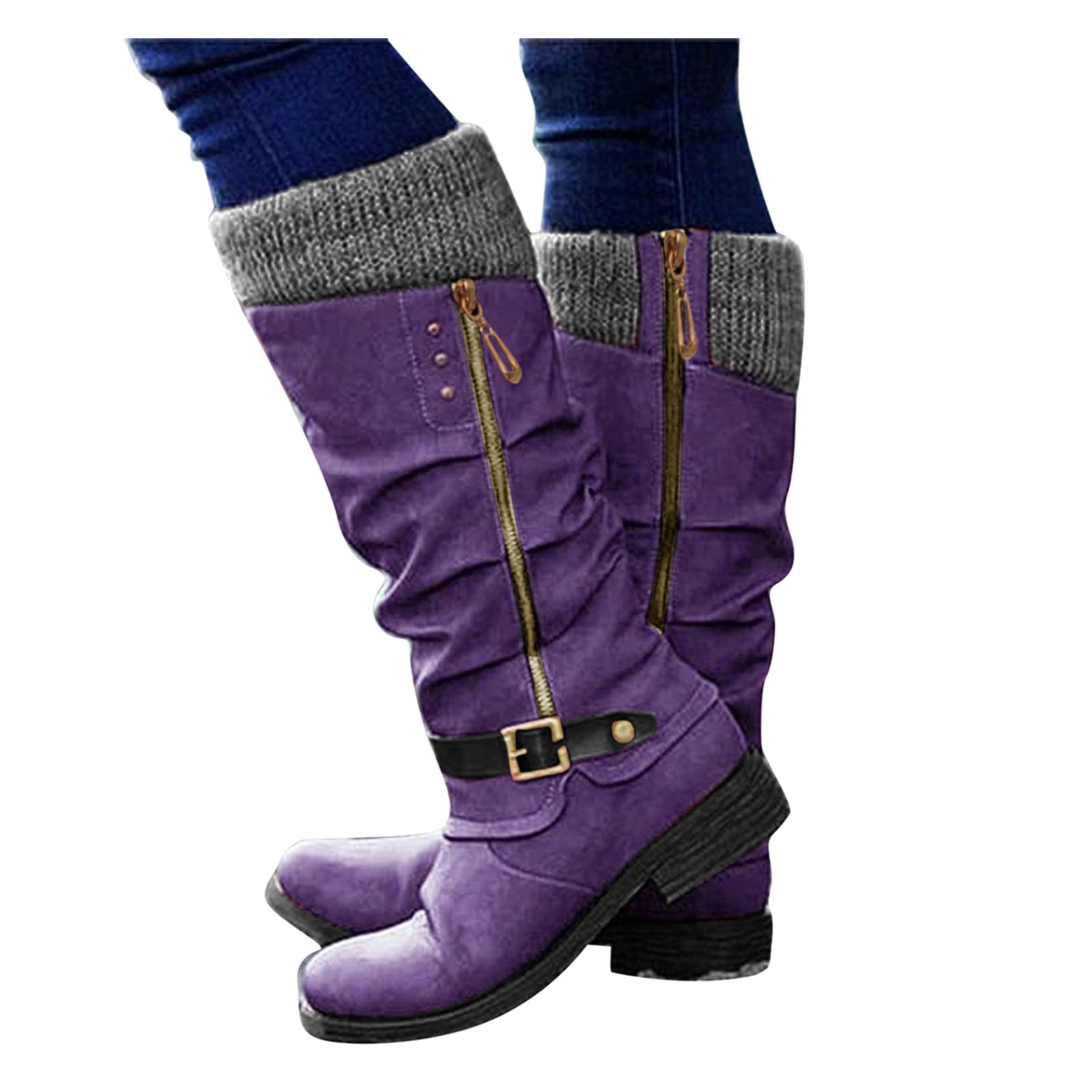 AODONG Cowboy Boots for Women Square Toe Women Knee High Platform Boots Retro Ankle Boots Winter Short Boots Purple