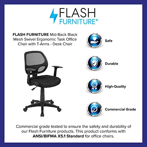 Flash Furniture Mallard Mid-Back Black Mesh Swivel Ergonomic Task Office Chair with T-Arms - Desk Chair