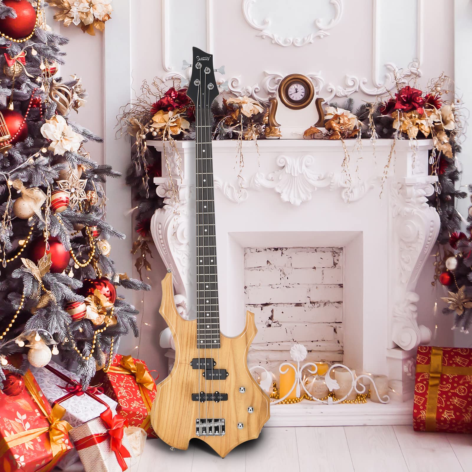 GLARRY Electric Bass Guitar 4 Strings Buring Fire Style Full Size for Beginner Right Hand with Bag, Strap and Accessories (Burlywood)