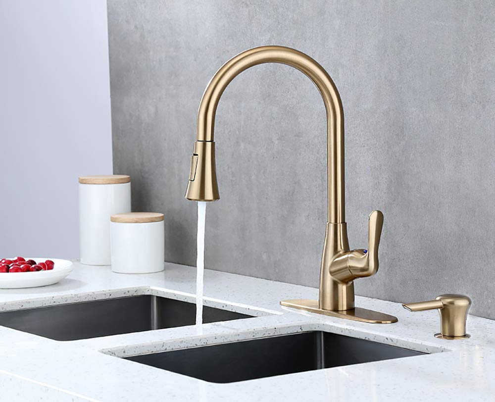 Derengge Brushed Gold Kitchen Faucet Single Handle Pull-Down Kitchen Sink Faucet with Soap Dispenser and Deck Plate, Faucet for Farmhouse, Camper, Laundry, Rv, Bar,KF-058DS-CS