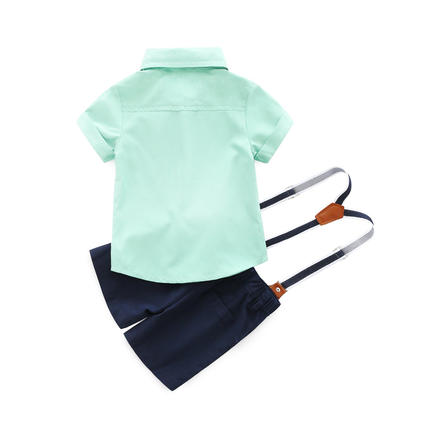 Kimocat Baby Clothes Gentleman Suit Style Short Sleeve Shirt + Bowtie + Short Suspenders (Green, 0-6 Months)