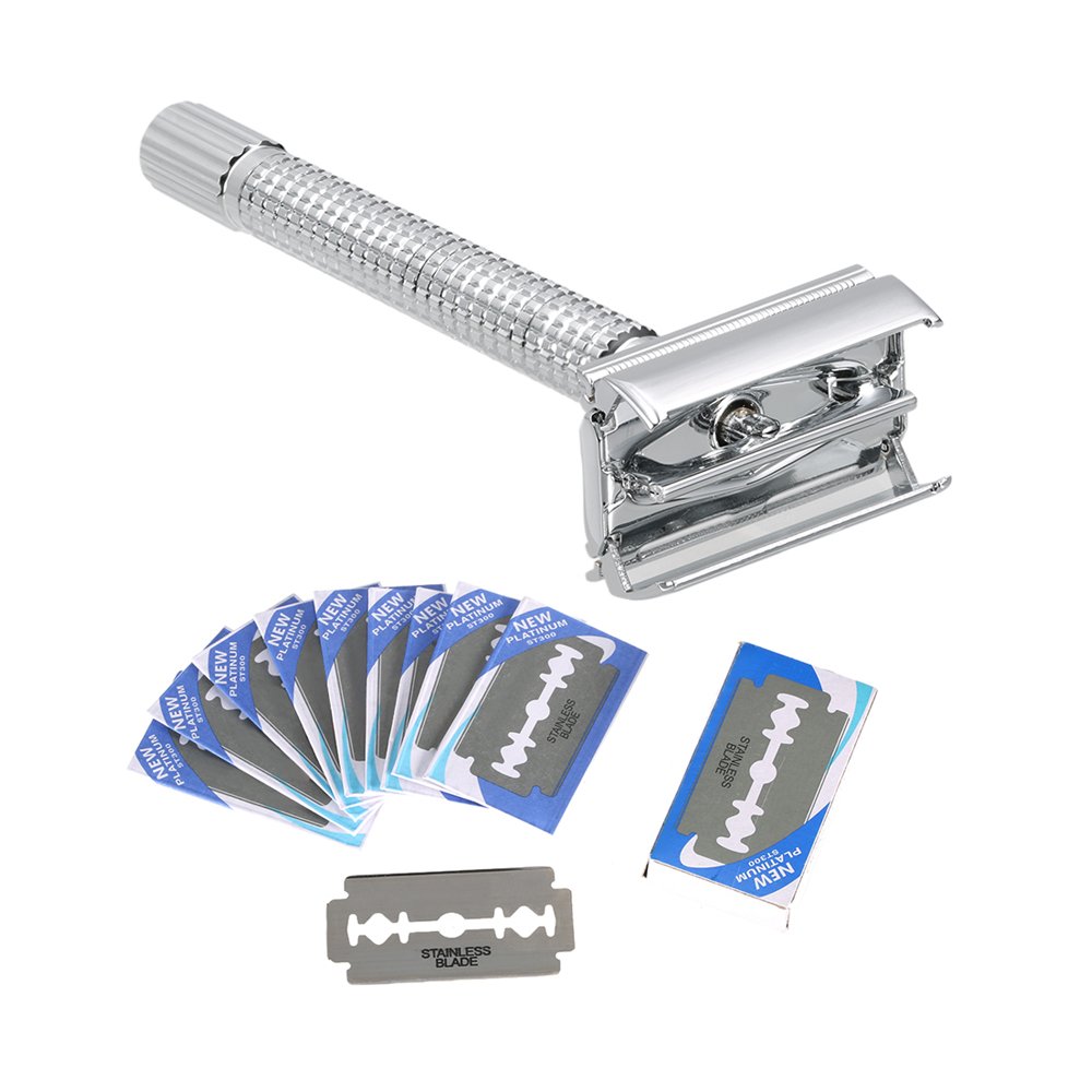 Safety Razor Metal Double-edged Shaving Razor Manual Mustache Removal Traditional Shaving Tool with 20Pcs Razor Blades for Hotel Home Travel (Silver)