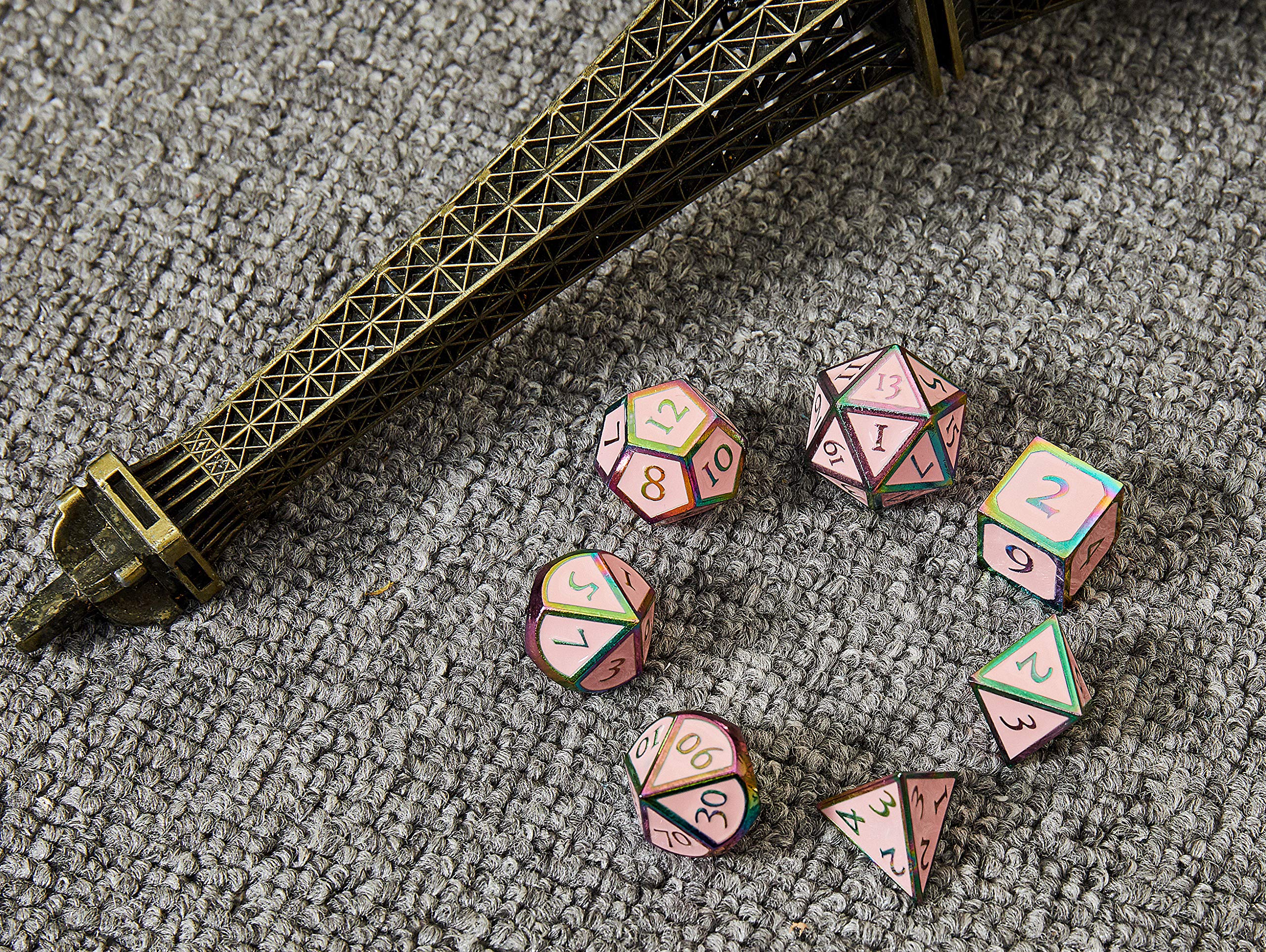 DND Metal Game Dice Set Cream Pink with Rainbow Edge 7pcs Set for Dungeons and Dragons RPG MTG Table Games D4 D6 D8 D10 D12 D20