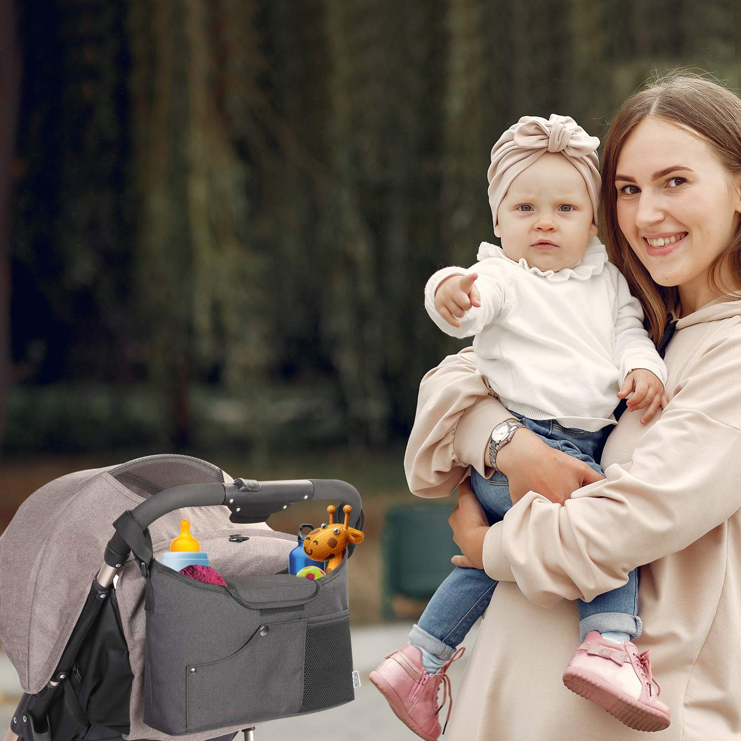 AJ KEEGAN Universal Baby Stroller Organizer with Cup Holders - The Only Stroller Accessory You Need - Universal Stroller Organizer Bag Includes Shoulder Strap & Stroller Hook - for Baby Shower Gifts