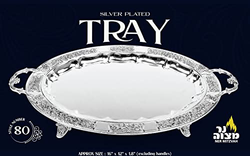 Silver Plated Menorah Tray with Handles - 16 Inch x 12 Inch - for Shabbos, Yom Tov, Hanukkah Drip Tray - Large Oval Silver Tray - Ner Mitzvah