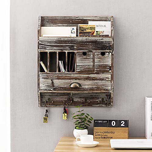 MyGift Torched Wood Entryway Wall Organizer with Mail Holder Organizer, Accessories Storage Compartments, Pull Out Drawers and Dual Key Hooks