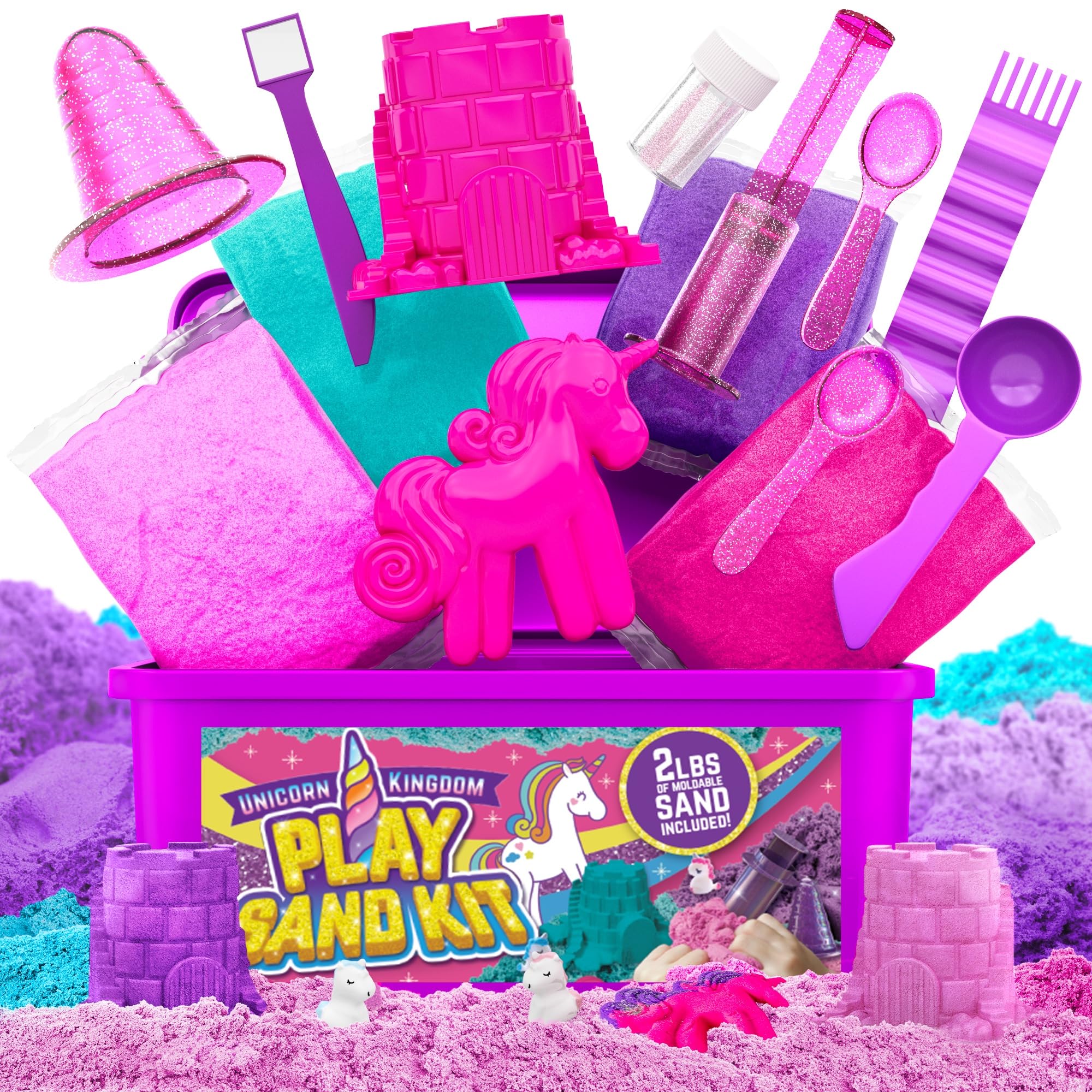 GirlZone Unicorn Sensory Bin Kingdom Sand Art Kit, 2lbs Moldable Colored Sand, 7 Tools for Kids, Rainbow Sand, Imaginative Playtime, Sensory Fun, Ideal Birthday & Holiday Gifts for Girls on Easter