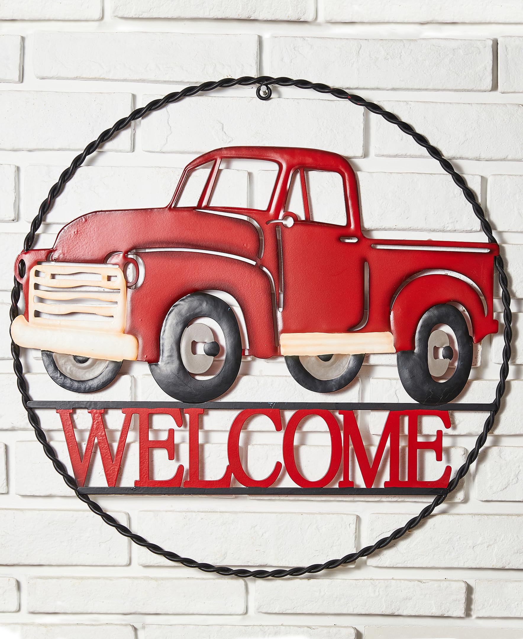 Glitzhome 23.75" L Welcome Metal Rustic Red Truck Wall Decor, Welcome Hanging Sign Decoration for Home Outdoor Indoor