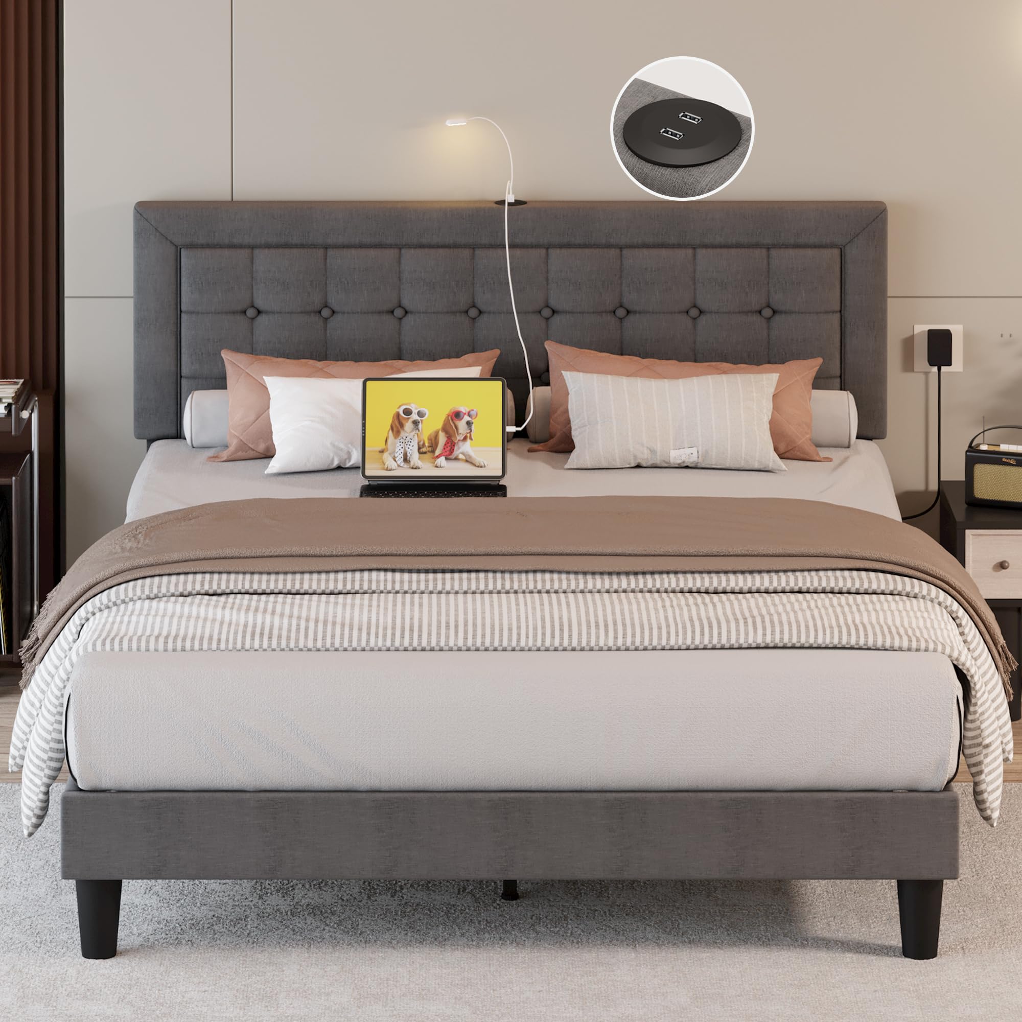 ANCTOR Queen Bed Frame with USB Ports, Platform Bed with Height Adjustable Upholstered Headboard, Heavy Duty Steel Support Legs, Easy Assembly, Grey
