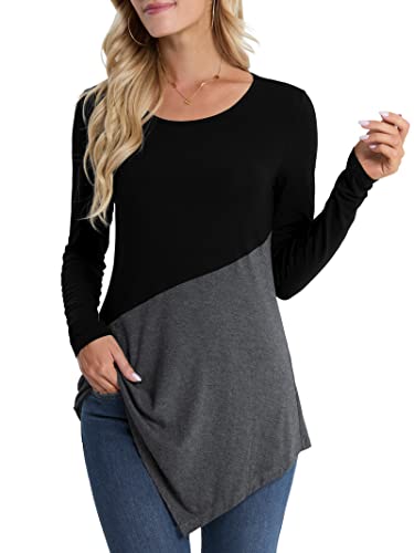 DJT Women's Long Sleeve Tunic Shirts Scoop Neck Hanky Hem Color Block Stretch Casual Fall T Shirt Tops XL Black Heather Grey
