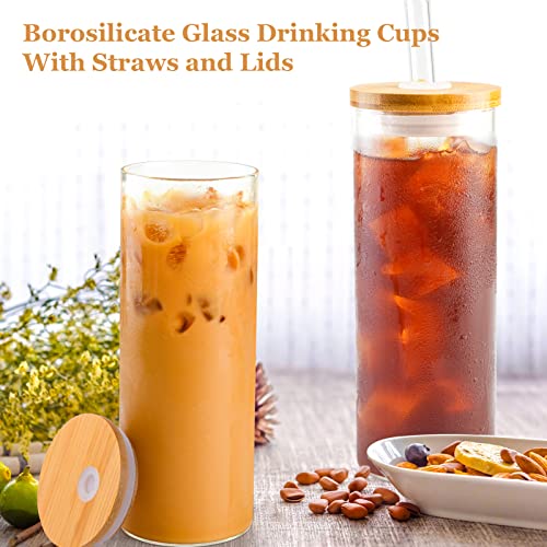 Glass Cups with Lids and Straws, 20 OZ Drinking Glasses with Bamboo Lids, Can Shaped Glass Cups, Reusable Clear Iced Coffee Cups for Smoothie, Juice, Milk, Whiskey, Soda, Tea, Water- 2 Pack
