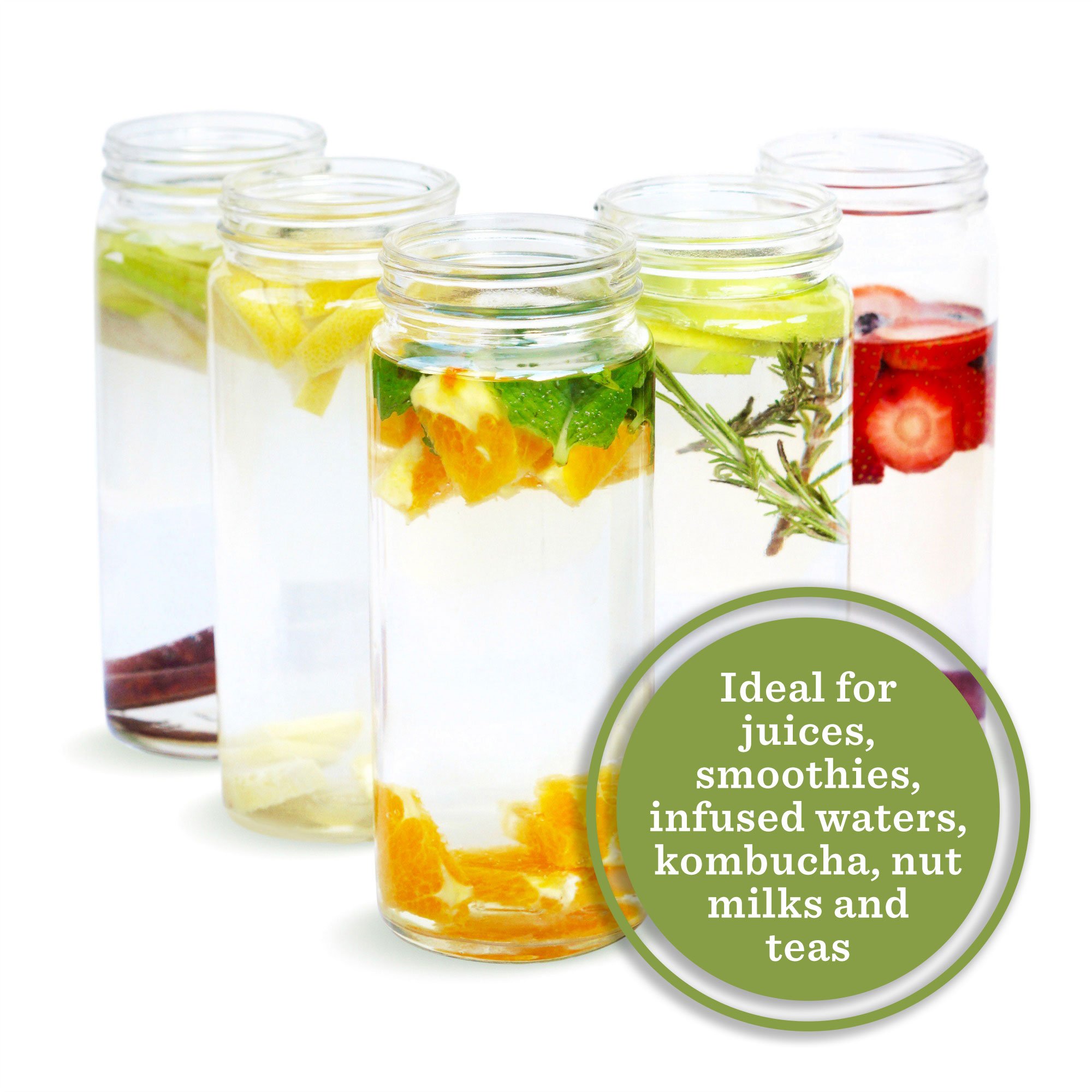 All About Juicing Clear Glass Water Bottles Set - 6 Pack Wide Mouth with Lids for Juice, Smoothies, Beverage Storage - 16 oz, Durable, Reusable, Dishwasher Safe, Leak Proof (Grey Caps)