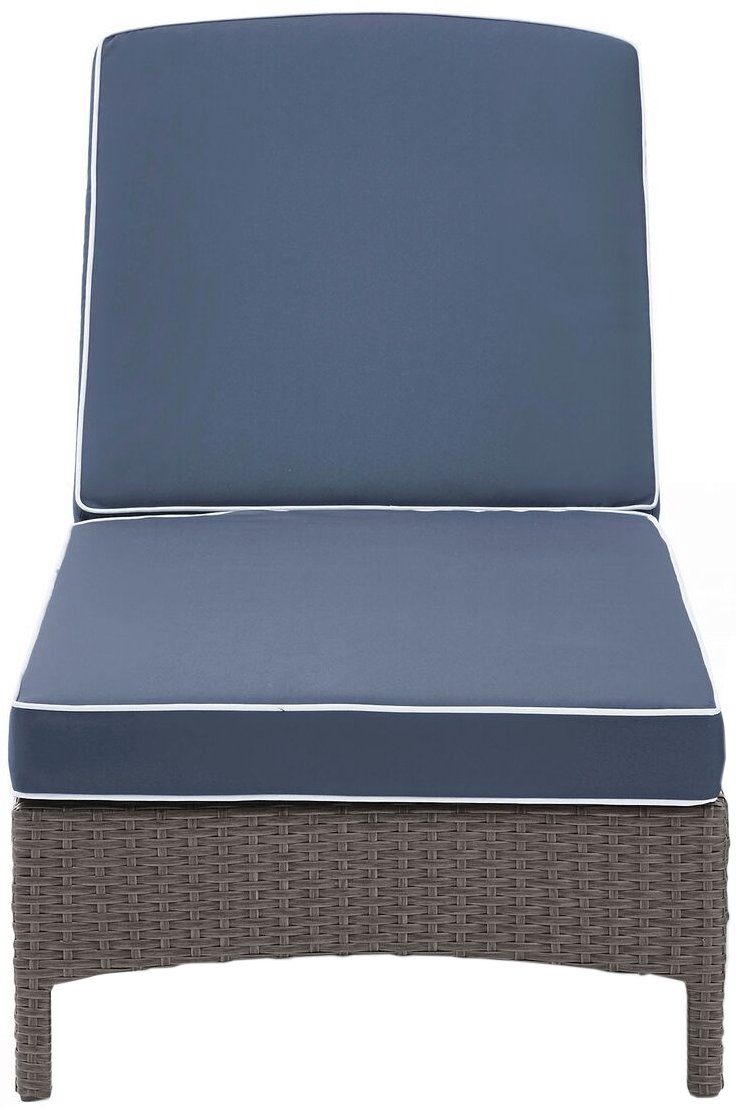 Crosley Furniture Palm Harbor Reclining Wicker Outdoor Chaise Lounge Chair for Patio, Deck, Poolside, Gray with Navy Cushions