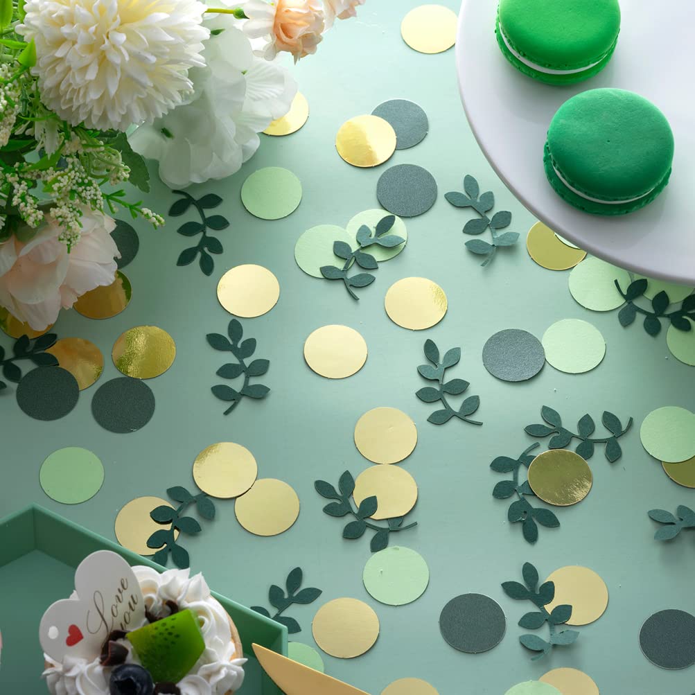 Gold and Green Eucalyptus Confetti Green Branches Confetti Table Decoration for Graduation Birthday Jungle Theme Party, 200 Counts