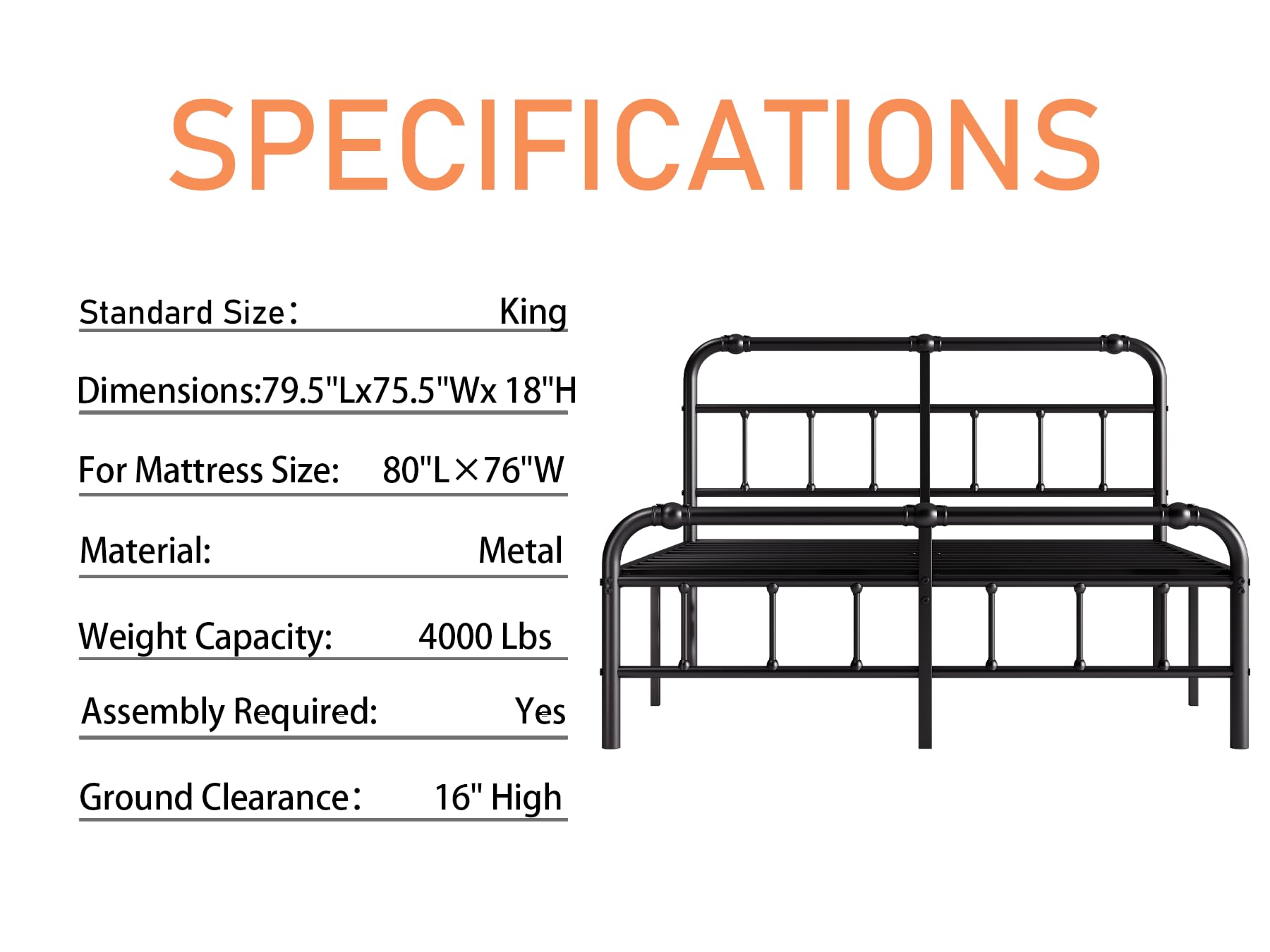 Bednowitz King-Bed-Frame-with-Headboard and Footboard, 18 Inch High Metal Platform King-Size-Bed-Frame, 4000 Lbs Heavy Duty Steel Slats Support, No Box Spring Needed, Noise Free