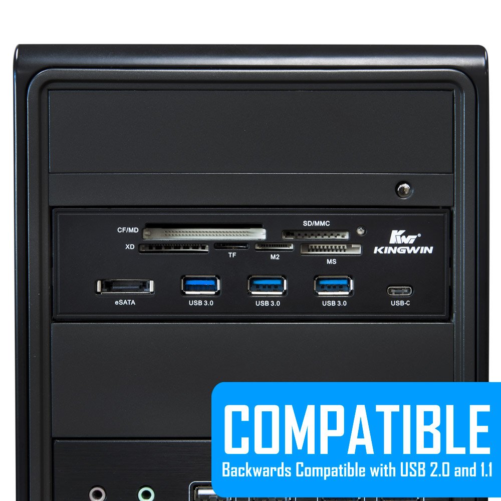 Kingwin Powered USB Hub 3.0 w/ 1 USB-C Port, SD Card Reader & Micro SD Card Reader - Sata Power Port w/Lightning Speed Data Transfer Up to 5Gbps - 5.25" Computer Case Front Bay, black (KW525-3U3CR)