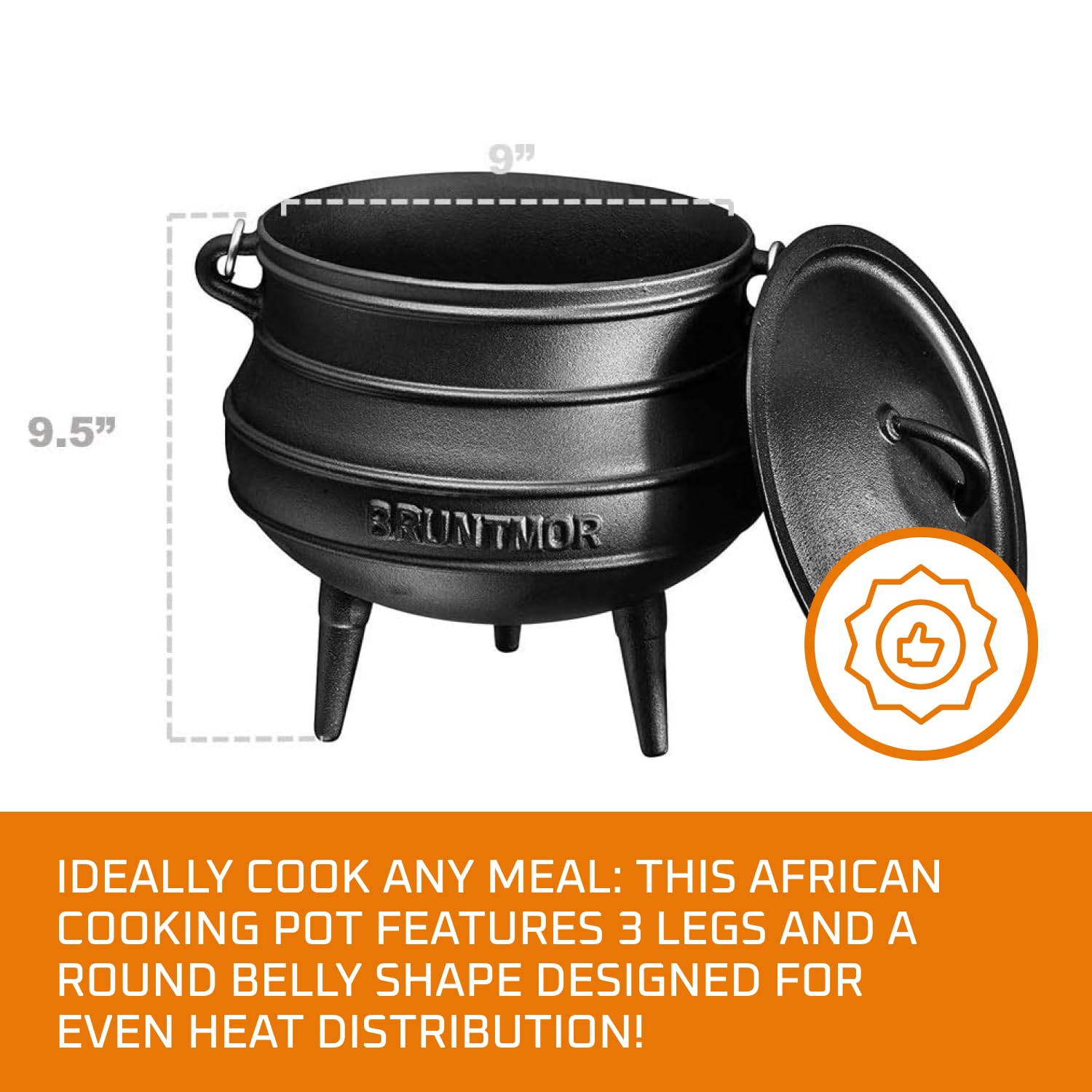 Bruntmor Pre-Seasoned Cast Iron Cauldron - 6 Quart African Potjie Pot with Lid - 3-Legged Dutch Oven for Camping and Over-the-Fire Cooking - Durable Outdoor Cookware for Stews, Chili, and Slow Cooking
