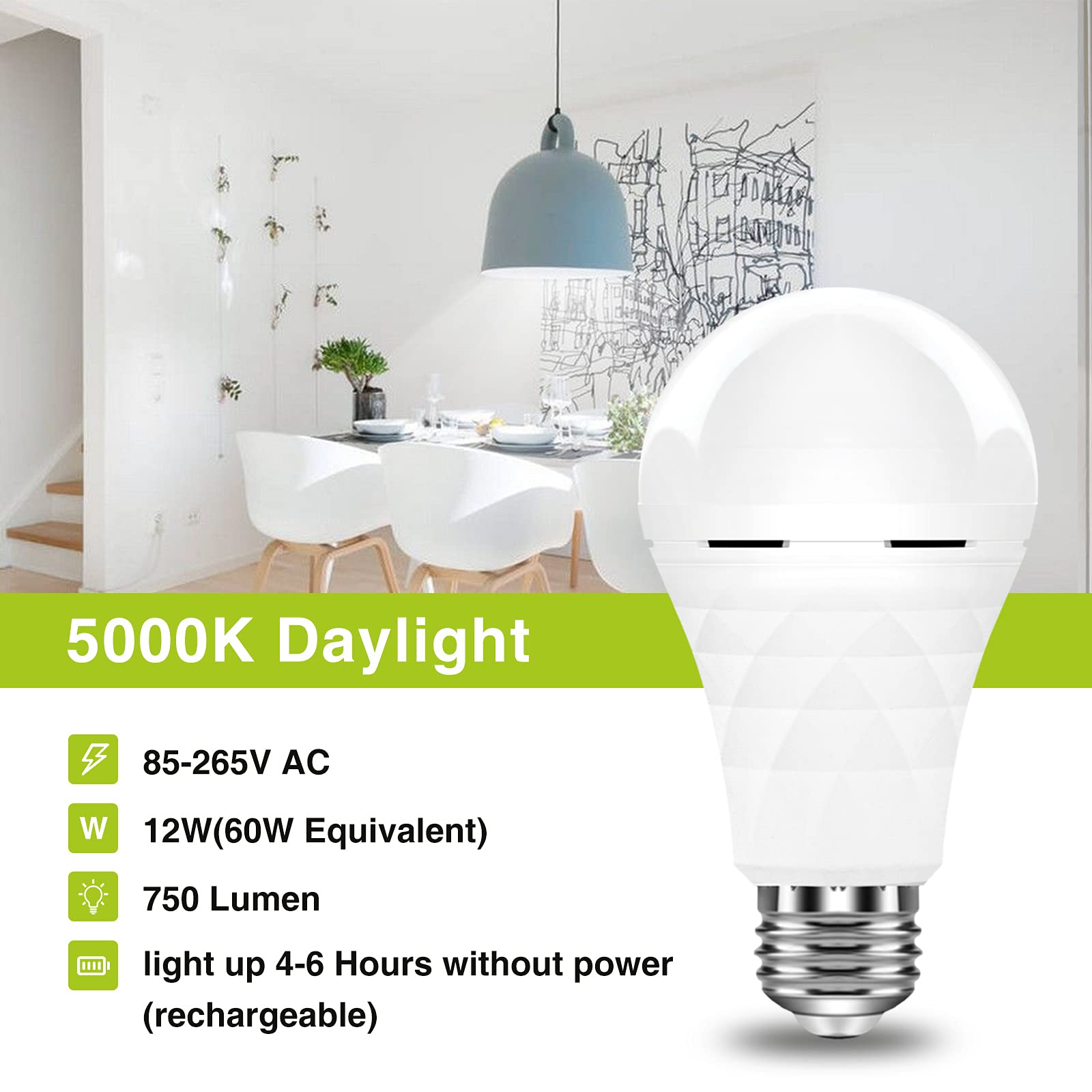 A19 Emergency Rechargeable Light Bulbs, Keep Lighting During Power Outage, Led Bulb 60 Watt Equivalent, 5000K Daylight Light Bulb 1200mAh Battery Backup Light Bulbs for Daily Used & Home Power Failure