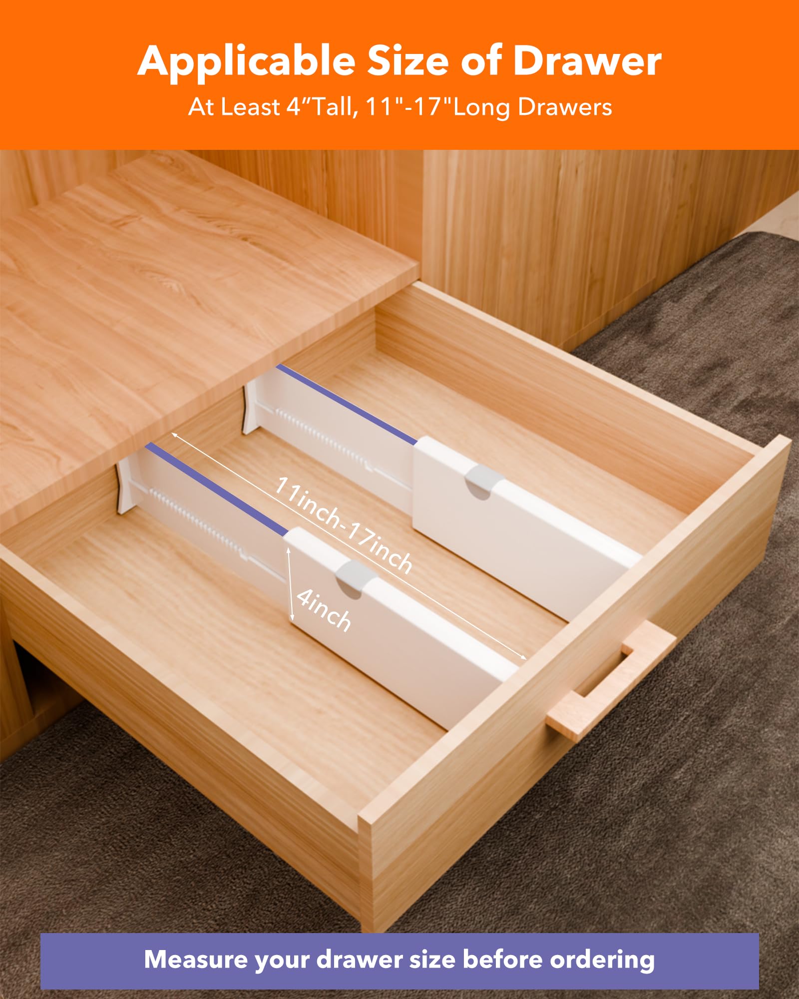 Brigii Drawer Dividers 4 Pack, Adjustable Separators 4" High Expandable from 11-17", for Bedroom, Closet, Kitchen Storage