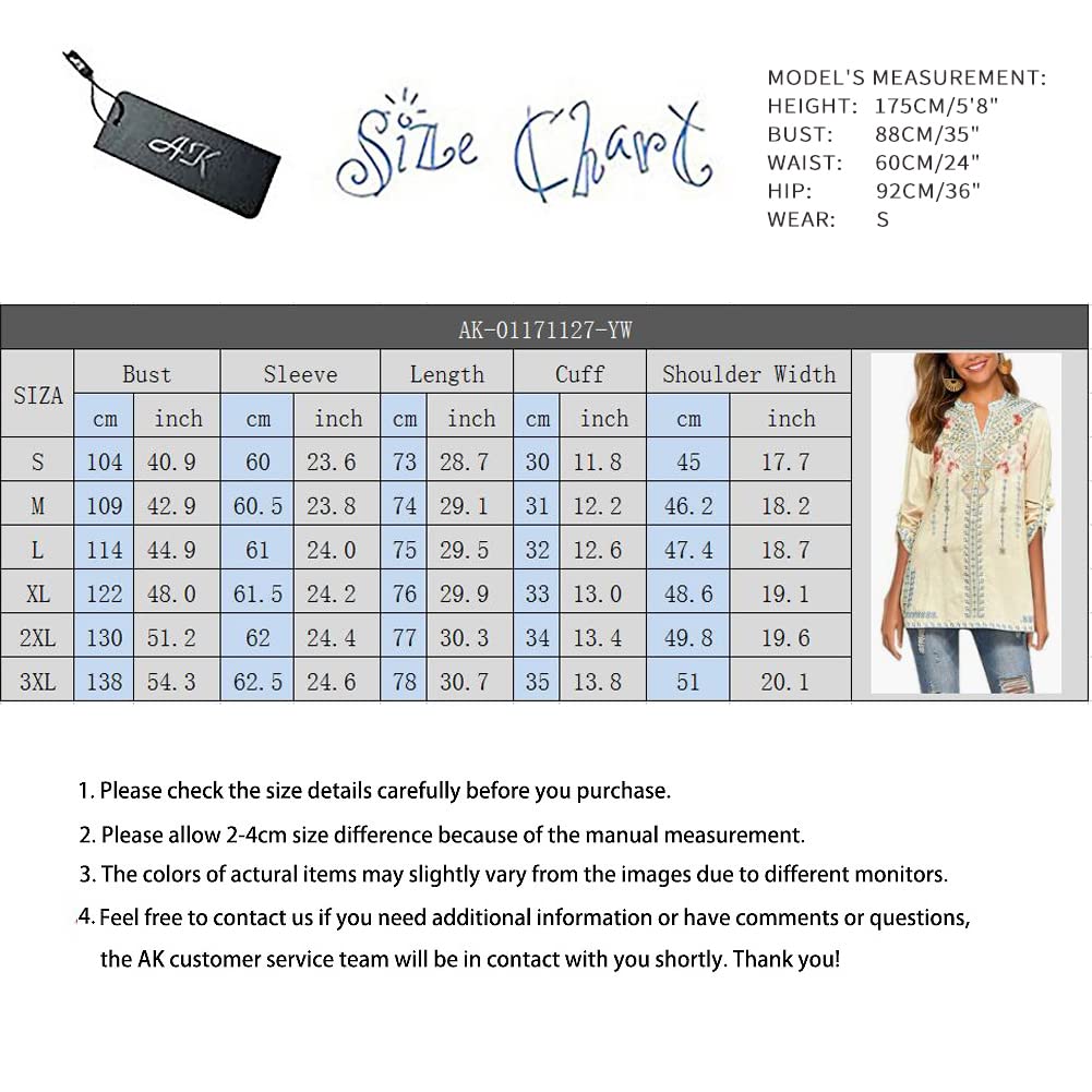 AK Women's Embroidered Tops Mexican Shirt V Neck Summer Casual Tops Peasant Tunic Loose Blouse (Small, 127-Yellow)