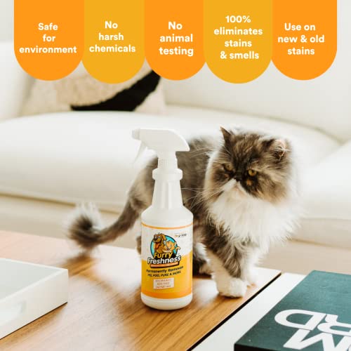 FurryFreshness Extra Strength Cat or Dog Pee Stain & Permanent Odor Remover + Smell Eliminator -Removes Stains from Pets & Kids Including Urine or Blood- Lifts Old Carpet Stains- 32oz Spray