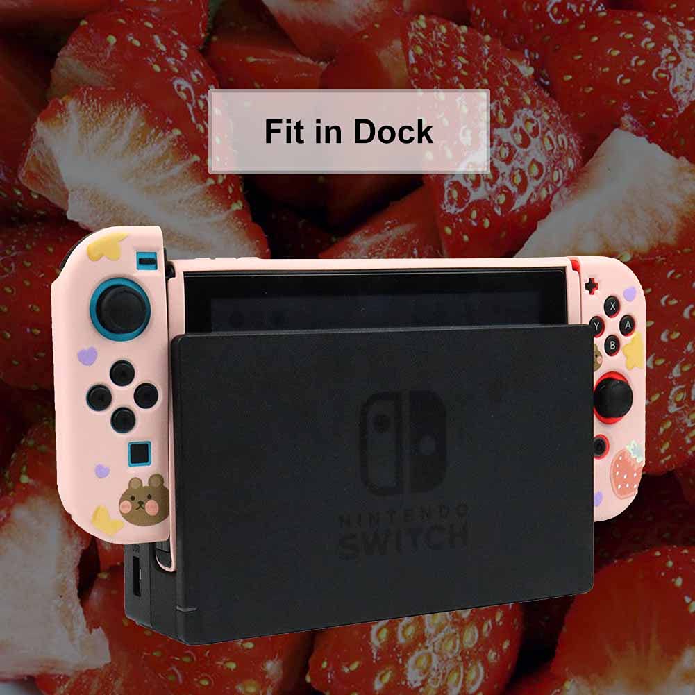 Aosai Case for Nintendo Switch, Protective Case Cover for Nintendo Switch and Joy Con Controller with 4 Thumb Grips and 2 Glass Screen Protector (Strawberry Bear Pink)