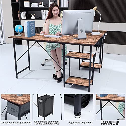 DLIUZ L Shaped Desk with Drawers,Computer Desk is Reversible Corner Large Gaming pc Table with USB Charging Port and Power Outlet,Long Writing Study Table with Shelve Suitable for 2 People Working