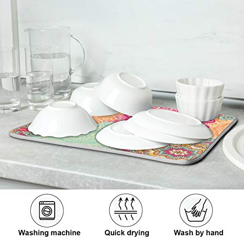 Floral Mandala Trippy Dish Drying Mat 24"x18" Absorbent Machine Washable Hanging Fast Dry Pad Dish Protective Mat for Kitchen Countertop Heat Resistant Dinner Table Mat