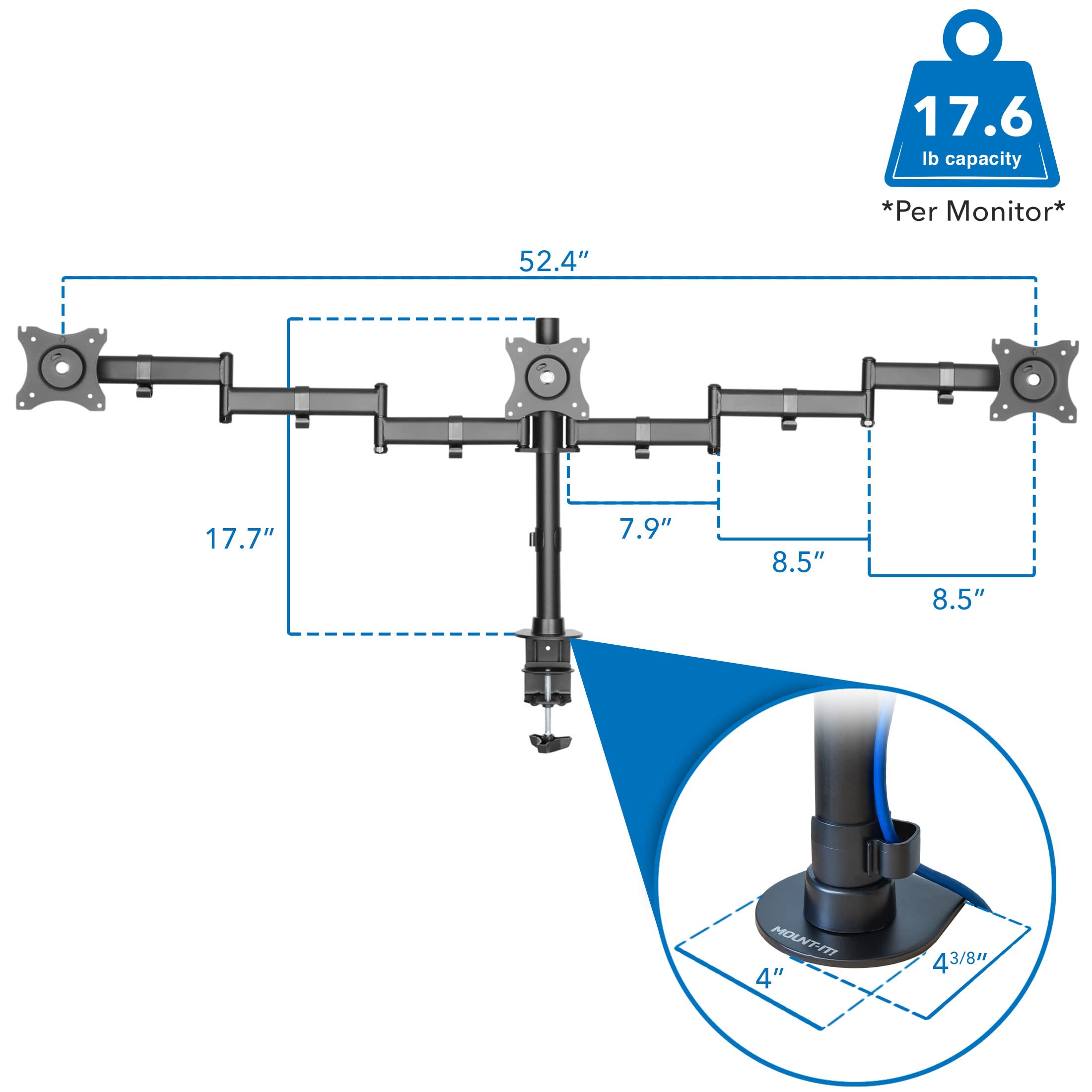 Mount-It! Triple Monitor Mount 3 Screen Desk Stand for LCD Computer Monitors for 19 20 22 23 24 27 Inch Monitors VESA 75 and 100 Compatible Full Motion, 54 lbs Capacity (MI-1753),Black