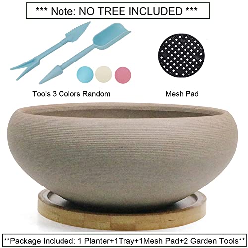 MUZHI Round Unglazed Ceramic Bonsai Pot with Bamboo Tray, Large Rough Pottery Succulent Planter with Drainage Hole 8 inch …