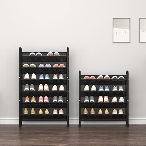 FKUO 4 Tier Shoe rack for closet Mesh fabric narrow Metal shoe racks, Space saving Small Shoe Storage Organizer Shelf for Entryway, Hallway, Dorm Room (Black, 4-Tier)