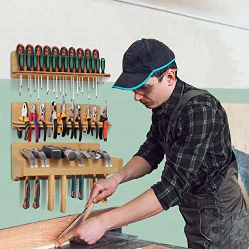 Wokyy Screwdriver Rack Wall Mount, Wood Pliers Holder, Hammer Rack, Wooden Tool Storage Organizer for Garage Workshop - 3 Pack