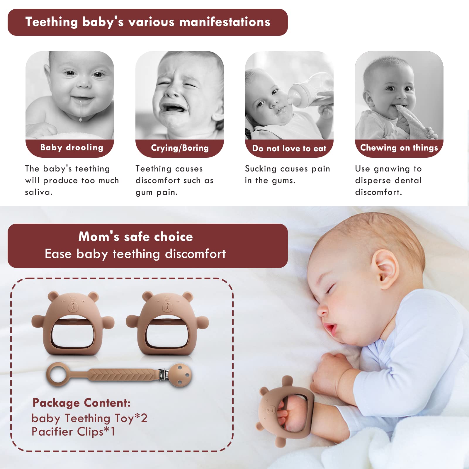 Baby Teether for 0-6 Months 2 Pack Never Drop Baby Teething Toys for 6-12 Months+1 Pack Pacifier Clip,Silicone Baby Chew Toys for Infant Sucking Needs,Baby Toys 3-6 Month Baby Mitten Teether(Brown)