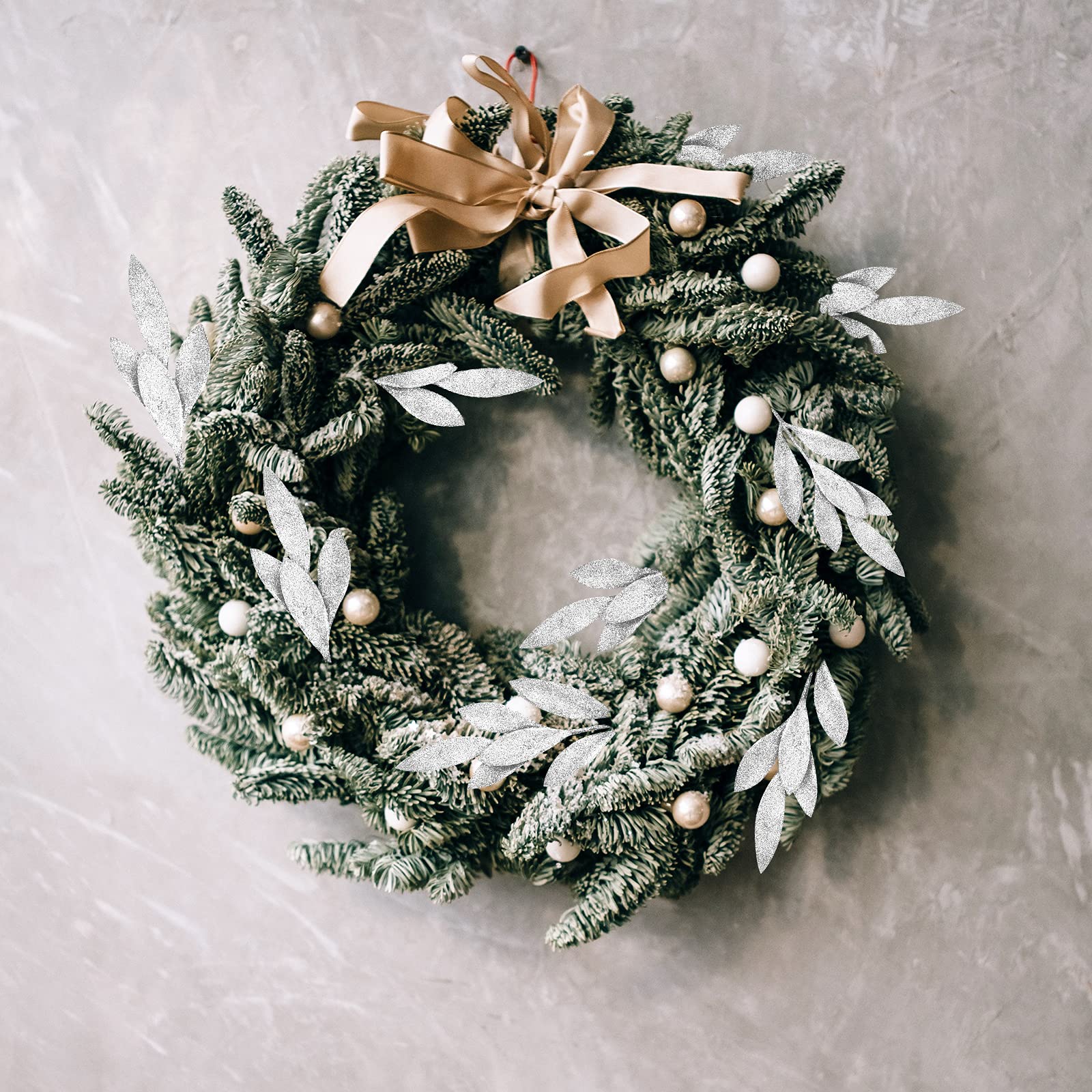 Dolicer 24PCS Artificial Silver Glitter Leaf Fake Plants Silver Leaves Christmas Glitter Leaf Spray Christmas Floral Vase Arrangement Bouquets for Christmas Tree Wedding Home Garden Party Gift Decor